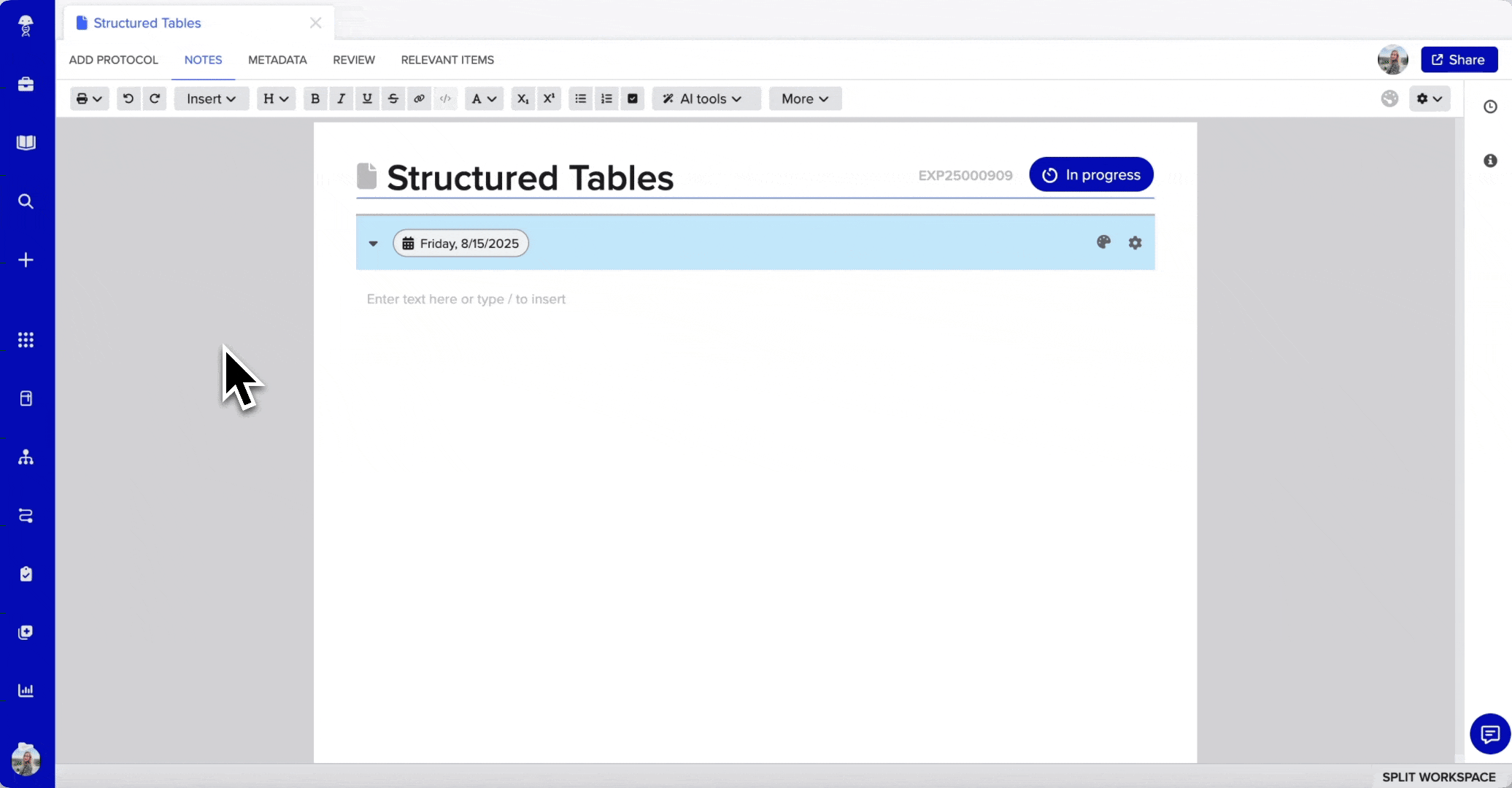 Standardize data capture with structured tables – Benchling
