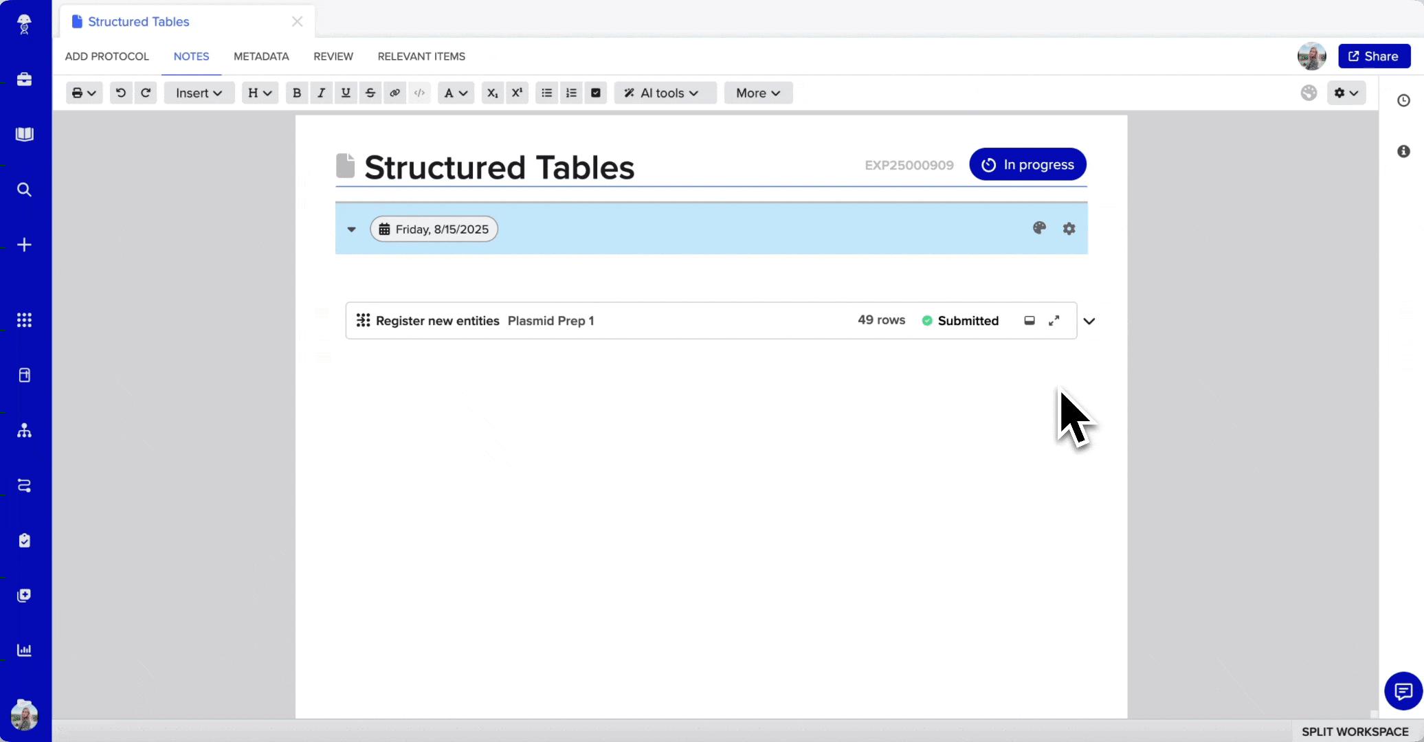 Standardize data capture with structured tables – Benchling
