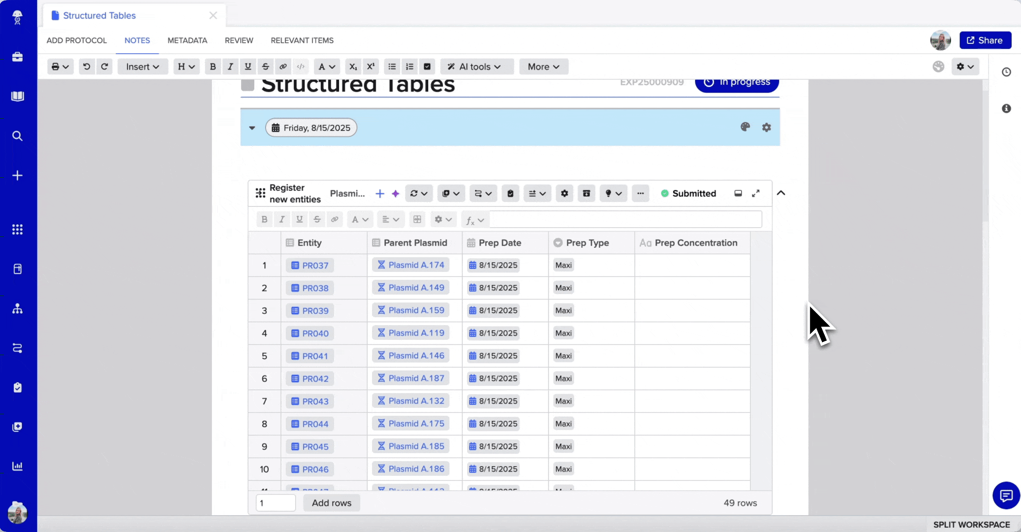Standardize data capture with structured tables – Benchling