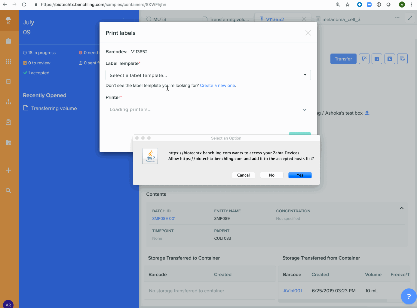 Use label printing for Inventory and sample management – Benchling